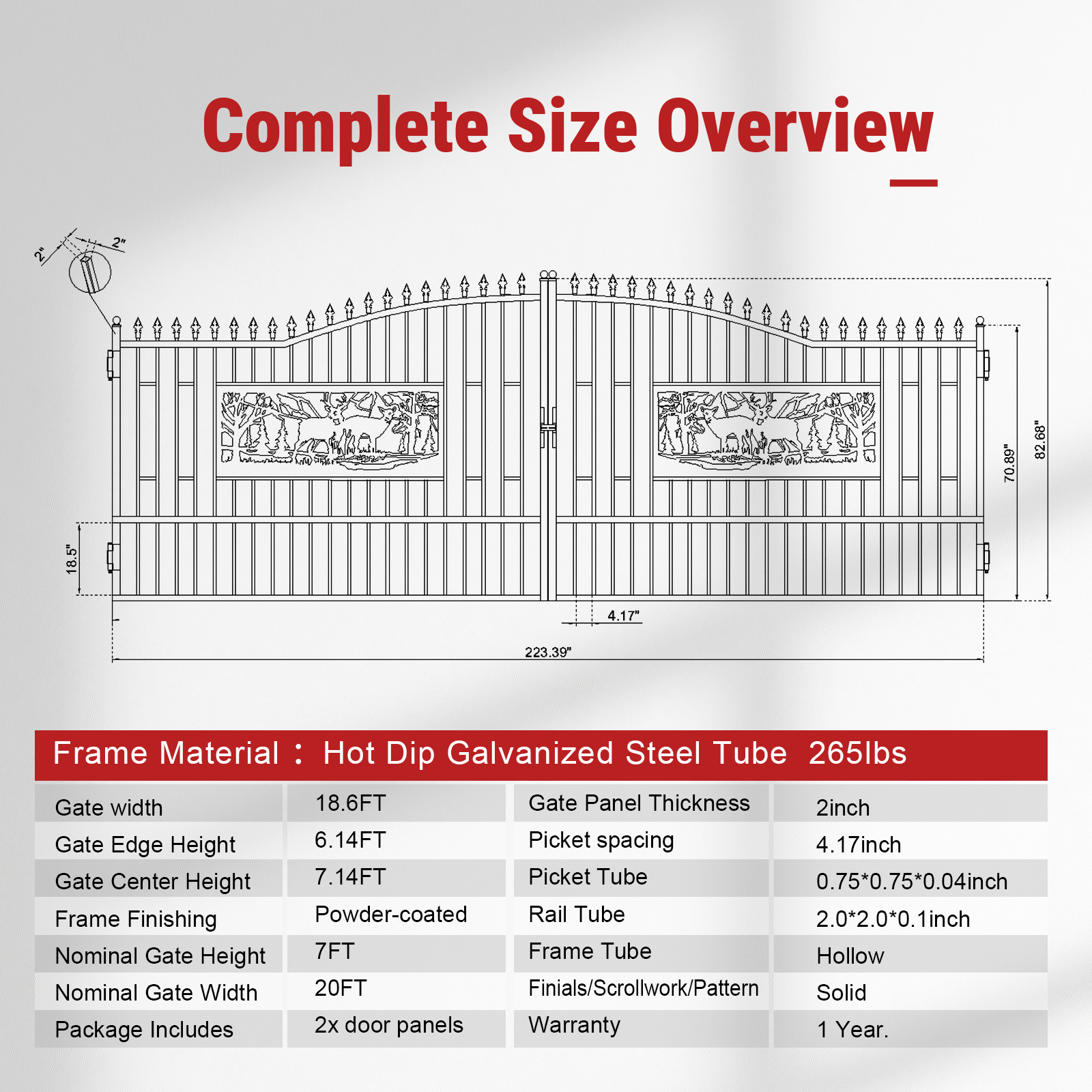 20FT x 7FT Double Wrought Iron Gate – Decorative Deer Artwork 3D Finial ...